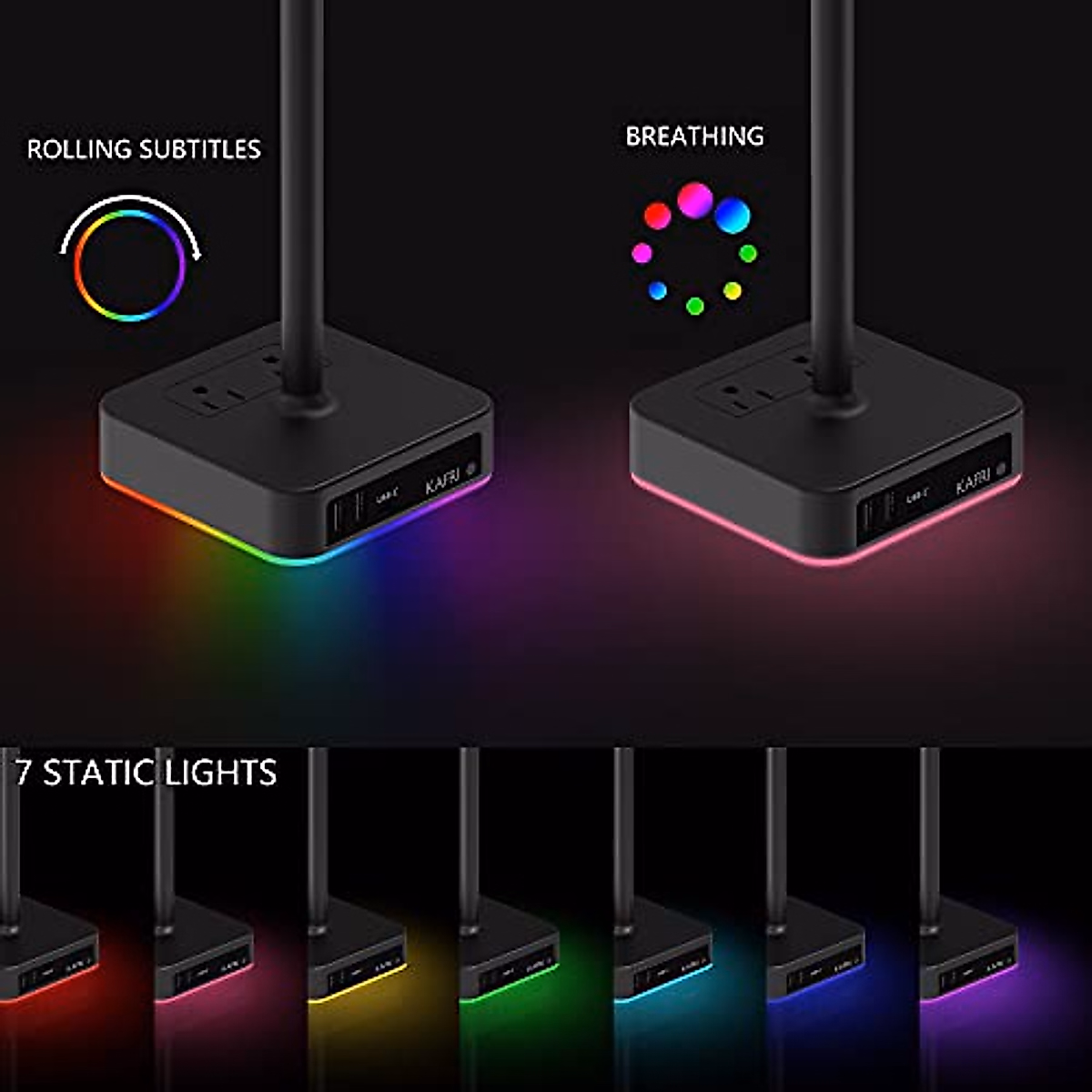 KAFRI RGB Dual Headphone Stand with USB C Charger Desk Gaming Double Headset Holder Hanger Rack with 3 USB Charging Port and 2 Outlet - Suitable for Gamer Desktop Table Game Earphone Accessories Gift