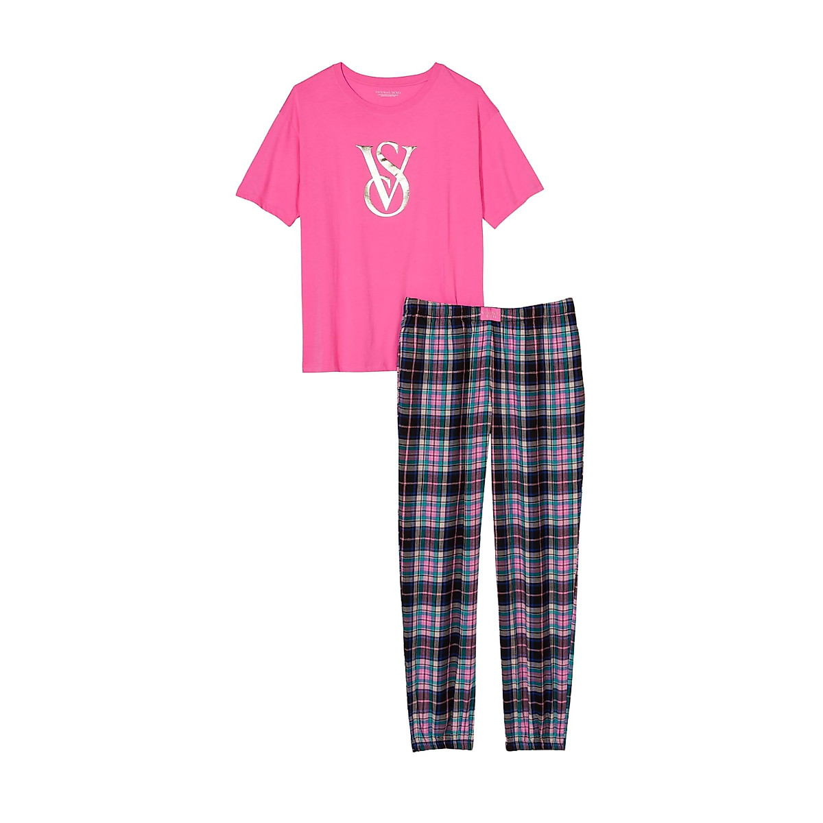Victoria's Secret Flannel Jogger Teejama, PJ Set for Women, 2 Piece Lounge Set PJs, Flannel Pajamas Women, Women's Sleepwear, Pink (XL)