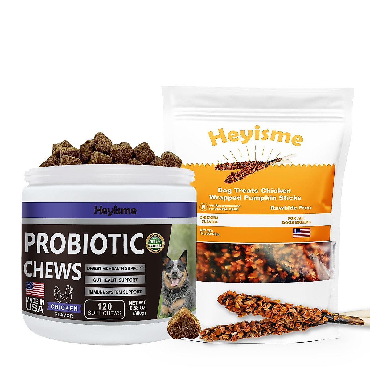 Probiotics for Dogs, Improve Yeast Balance, Itchy Skin Itchy Ears, Chicken Wrapped Sticks Pumpkin Dog Treats,14.1oz Rawhide Free