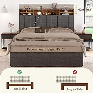 Lumelay Queen Bed Frame with 4 Storage Drawers, LED Bed Frame with Charging Station and Adjustable Tall Bookcase Headboard, Upholstered Mattress Foundation, No Box Spring Needed, Dark Grey