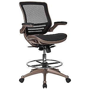 Flash Furniture Mid-Back Transparent Black Mesh Drafting Chair with Melrose Gold Frame and Flip-Up Arms
