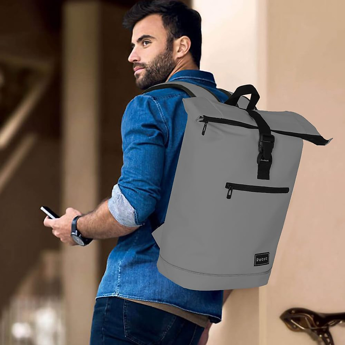 ROTOT Roll Top Travel Backpack, 22L High Volume Laptop Bag Carry on Accessories Essentials (Gray)