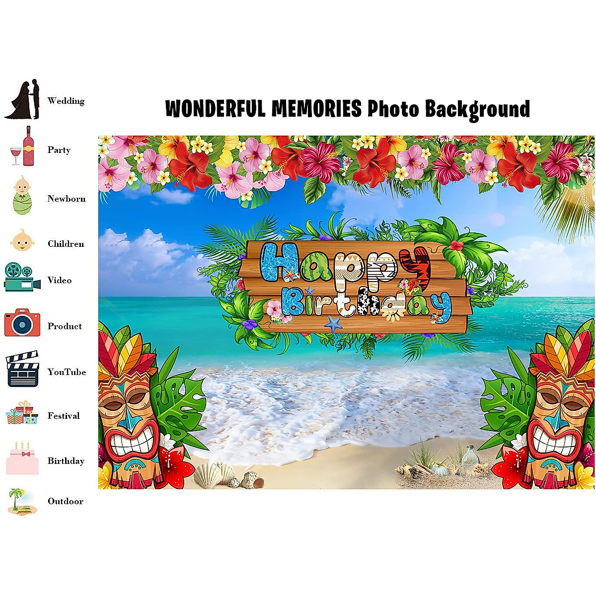 WONDERFUL MEMORIES Polyester Hawaiian Beach Birthday Party Backdrop 7x5ft for Luau Party Decorations Supplies Washable and Wrinkle-Free Tropical Banner Photography Background Blue