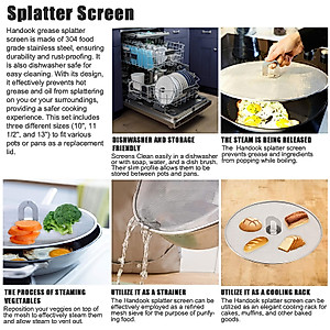 Splatter Screen for Cooking - Stainless Steel Grease Splatter Guard for Frying Pan, No Cooking Oil Mess No Burns, Ultra Fine Mesh Lids Set of 3(10", 11.5", 13")