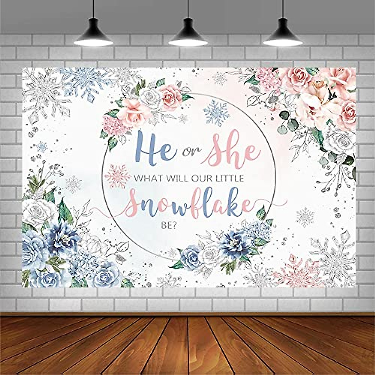 AIBIIN 7x5ft Winter Snowflake Gender Reveal Backdrop He or She Boy or Girl Silver Glitter Pink Blue Floral Photography Background What Will Our Little Snowflake Be Party Decoration Banner Photo Booth