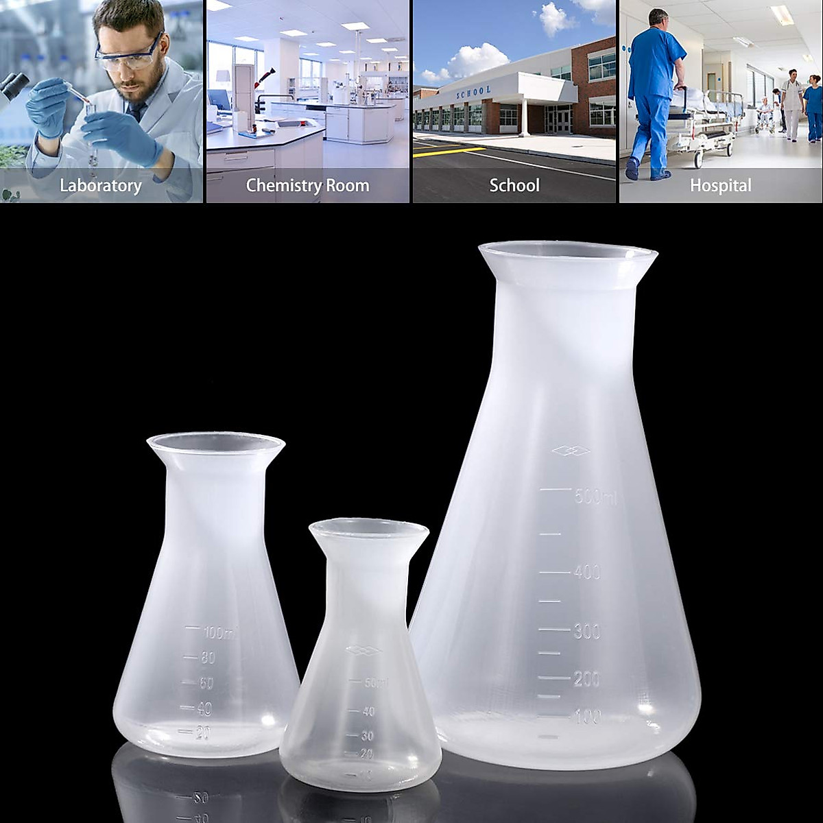 3Pcs Erlenmeyer Flask,Plastic Flask Conical Flask for Laboratory Students Educational Learning Toys(50ml+100ml+500ml)