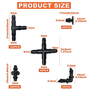 SanSanYa 400pcs Drip Irrigation Fittings Kit Drip Irrigation Barbed Connectors, 160 Straight Barbs 120 Tees 40 Elbows 40 End Plug 40 4-Way Coupling for 1/4 Inch Tubing Garden Dripping Systems