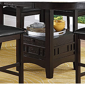 LCH Round Traditional Design Dark Cherry Finish Dining Set with Shelf,5pc Table with Extension Leaf and 4 Counter Height Chairs with Backrest,Additional Storage Space,Brown Mix