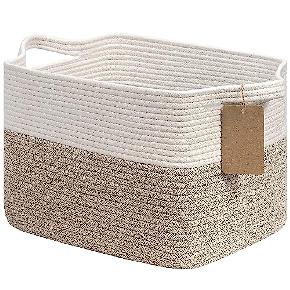 Goodpick Woven Storage Basket for Shelves, Cotton Rope Dog Toy Bin, Empty Gift Basket with Handles, Square Baskets for Storage Shelves, Brown and White Storage Bin, 13.5 x 11 x 9.5 Inches