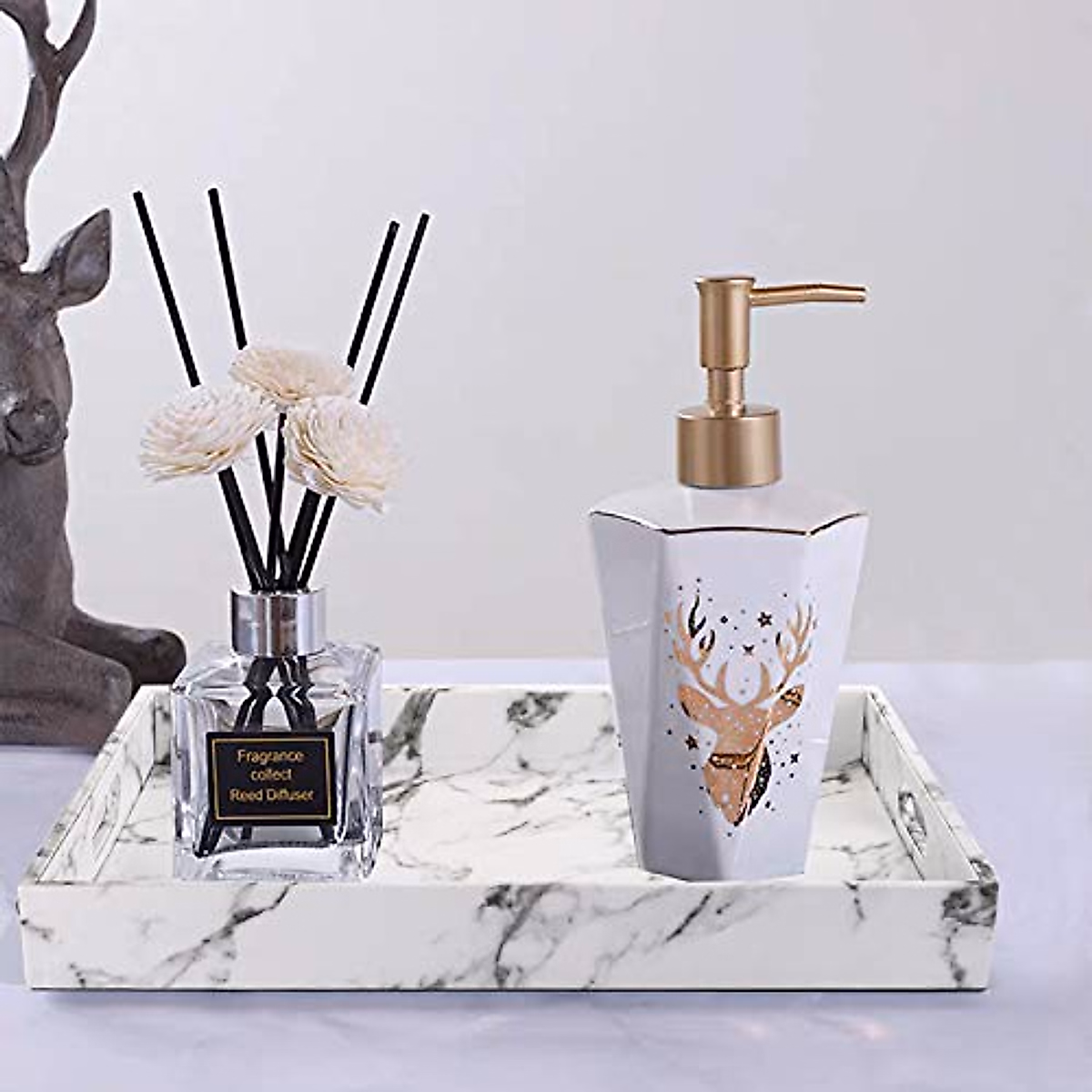 Fasmov Serving Tray, 17 x 12 inches White Marble Faux Leather Decorative Decorative Tray with Handles for Bathroom, Kitchen, Ottoman and Coffee Table