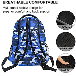ZZKKO Camo Camouflage Blue School Backpacks Book Bag for Boys Girls Travel Hiking Camping Daypack Work Laptop Backpack