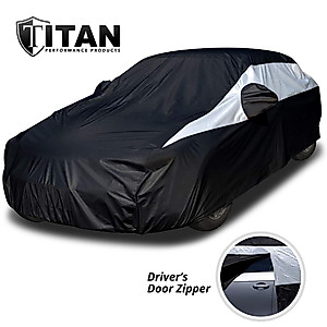 Titan Jet Black Poly 210T Car Cover for Sedans 186-202". Waterproof, UV Protection, Scratch Resistant, Driver-Side Zippered Opening. Fits Camry, Accord and More.