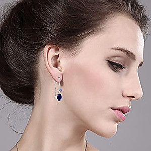 Gem Stone King 14K White Gold Blue Sapphire and Blue Tanzanite French Wire Dangle Earrings For Women (1.26 Cttw, Gemstone September Birthstone, Oval 6X4MM and Round 2.5MM)