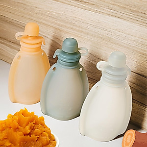 Reusable Silicone Food Pouch for Baby and Toddlers, Squeezable Pouch, Squeeze Pouch, Easy Clean Silicone Pouch for Pre-K and School, Homemade Baby Food Storage, 4oz (Orange-Green-White 3 Pack)
