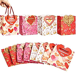 JOYIN 12 Pcs Red Pink Valentine’s Day Gift Bags with Handles, 5 X 6 X 3.5 inch, Kraft Paper Gift Bag with Pocket for Gift Cards, Gift Exchange Goodie Bags for Gift Giving Present Wrapping Party Favor