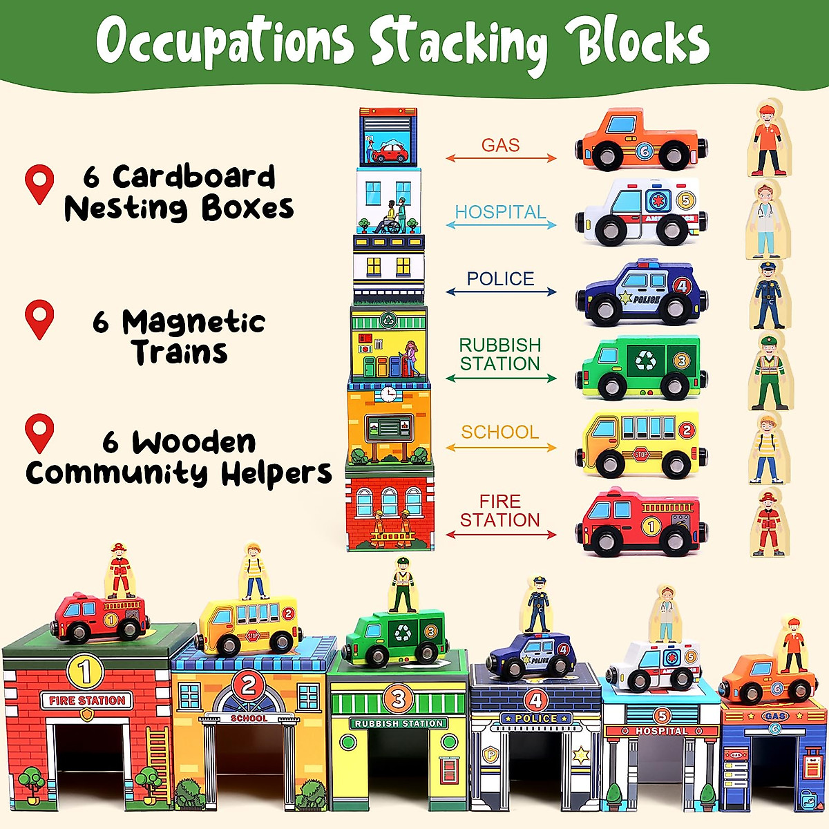 Atoylink Toddler Sorting and Stacking Toys with Magnetic Wooden Cars & Community Helpers, Baby Number Blocks Nesting Boxes Preschool Learning Montessori Toys for 1 2 3 Year Old Boys Girls Gift