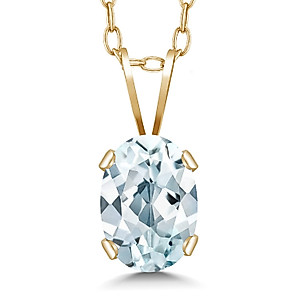 Gem Stone King 14K Yellow Gold Sky Blue Aquamarine Pendant (0.72 Cttw, Gemstone Birthstone, Oval 7X5MM, With 18 Inch Chain)
