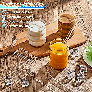 Tessco 4 Pcs Creative Glass Cups Vintage Drinking Glasses Ribbed Glassware Aesthetic Cups Entertainment Dinnerware Glassware with Straws Set for Kitchen Coffee Juice Beverage (Clear)