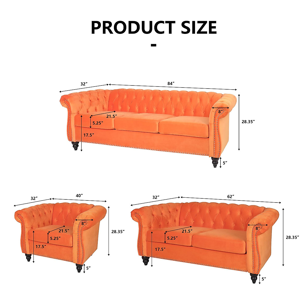 affeivul Tufted Velvet Sofas para Sala, Comfy Big Wide Deep Living Room Couch with Armrest, Mid Century Modern Sofa Couch for Bedroom,Office (Orange Velvet Couch, 3 Seater)