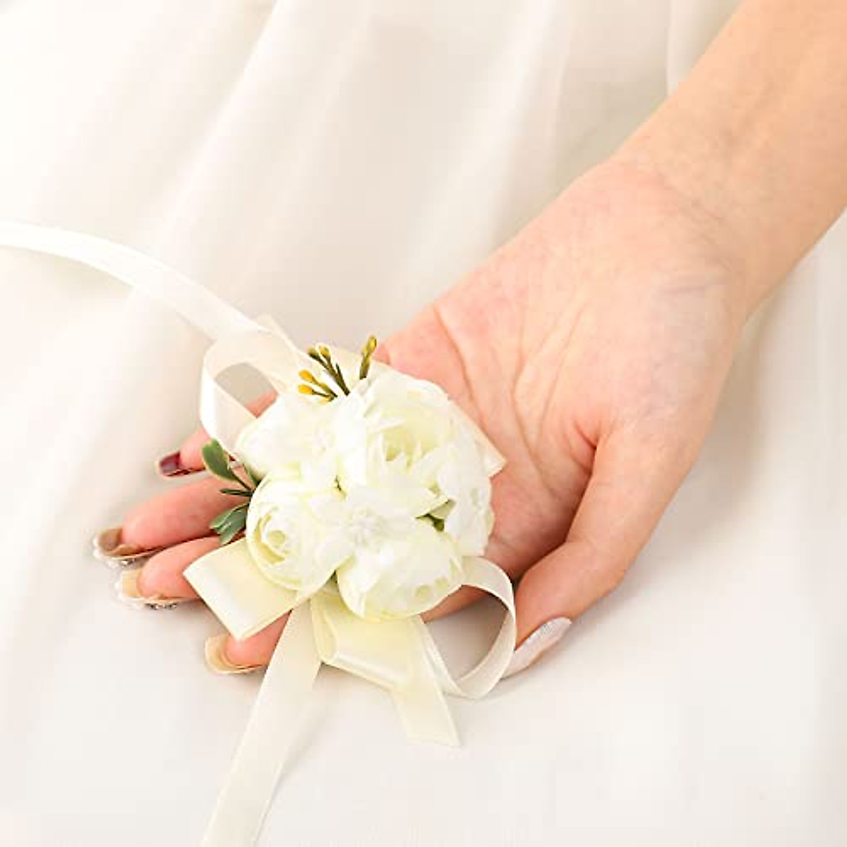 Yean White Rose Wrist Corsage Bride Wedding Hand Flower Handmade Whith Ribbon Corsage Wristlet Wedding Party Prom Decorations Accessories for Women and Girls