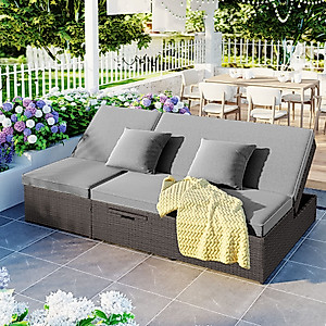 Merax Patio Conversation Set, Outdoor Double Sunbed Wicker Rattan Patio Reclining Chairs with Adjustable Backrest and Seat, Gray