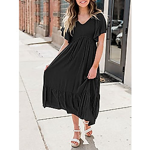 LILLUSORY Black Maxi Dresses for Women Summer Long Trendy Casual Flowy Funeral Short Flutter Sleeve Dress with Pockets