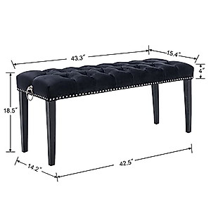 DUOMAY Tufted Ottoman Bench w/Ring Pull, Velvet Dining Bench Entryway Bench Footrest Stool Padded Seat for Living Room Bedroom, Black