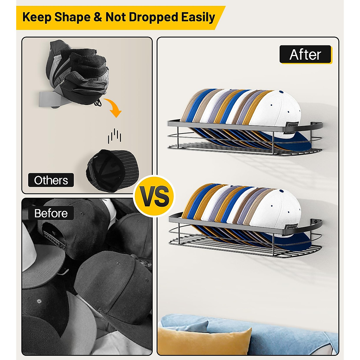 KIMBORA Metal Hat Rack for Wall, Hat Organizer for Baseball Caps Holds 30 Hats Wall Mounted Baseball Hat Storage Organizer Fits All Caps Shelves, 2 Packs Hat Holder Display, Black