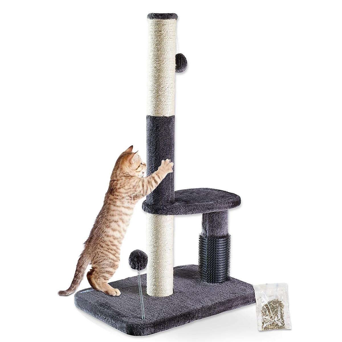 Happi N Pets 34“ Tall Cat Scratching Post for Big Cats, Natural Sisal Cat Scratchers for Indoor Cats, Heavy Duty Cat Stands Featuring with Cat Self Groomer and Hanging Toys, Free Catnip-Gray