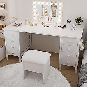 White Computer Desk with Drawers for Storage - 55 inch Home Office Desk with 8 Fabric Drawers, Writing Study Desk with Drawers on Both Sides for Bedroom