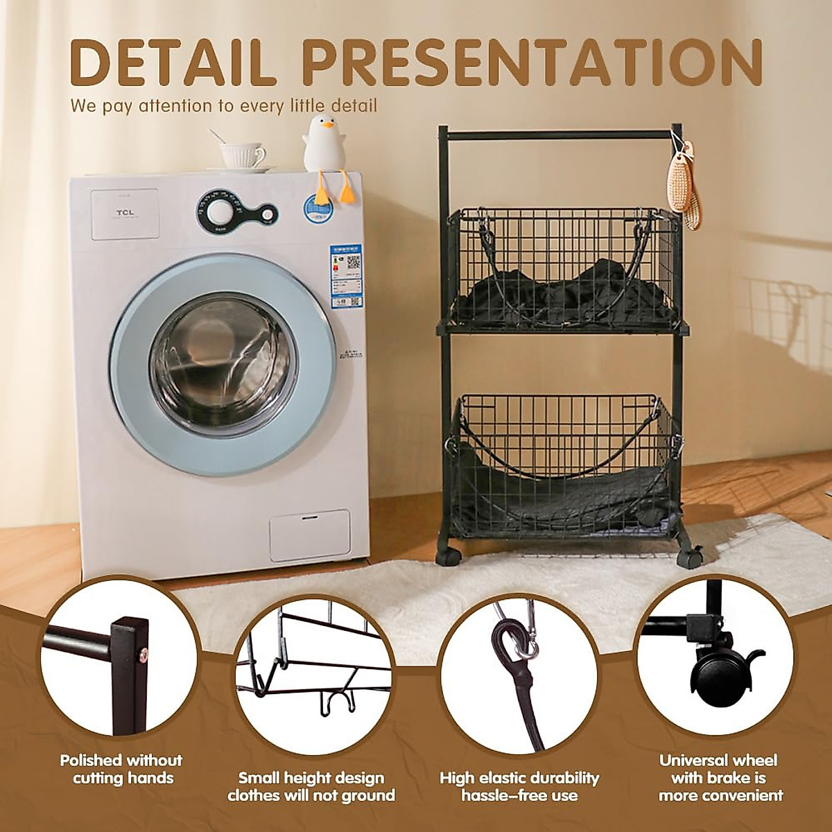 2 baskets rolling laundry basket for garments storage, easy moved with wheels have brake, Laundry basket, white and black，rolling basket (BLACK)