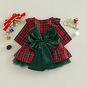 Toddler Baby Girl Christmas Dress Cute Long Sleeve Red Green Plaid Princess Tulle Tutu Dress with Bowknot Outfit (4-5T, Plaid Tutu Dress Green)