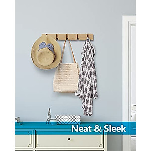 JSVER Wooden Coat Hooks Coat Rack Wall Mount, Space-Saving Coat Rack with 5 Standard Retractable Hooks, Hat Coat Hook for Entryway, Hallway, Bathroom, Living Room, Bedroom