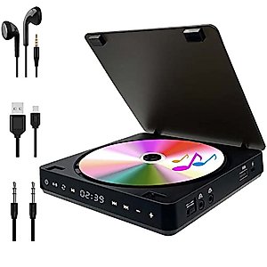 Portable CD Player with Headphone Rechargeable CD Player for Car with AUX Cable Support CD USB Dual Headphones Design Shockproof Protection Touch Buttons LED Display