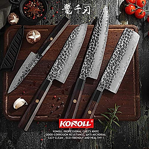 KONOLL 8 Inch Chef Knife 3 layer 9CR18MOV clad steel Forged Handmade, Ebonywood handle Gyuto kitchen Knife (Chef Knife 8-Inch)