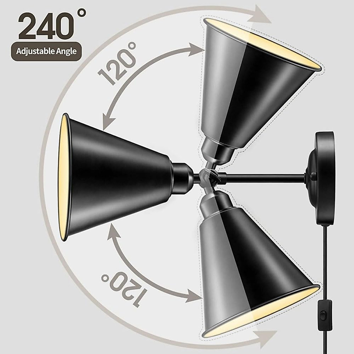 MODEBHD Swing Arm Wall Lamp Plug-in Cord Industrial Wall Sconce, Iron Black Finish,with On/Off Switch, E26/E27 Base,2pack Bedroom Wall Lights Fixtures,Bedside Reading Lamp