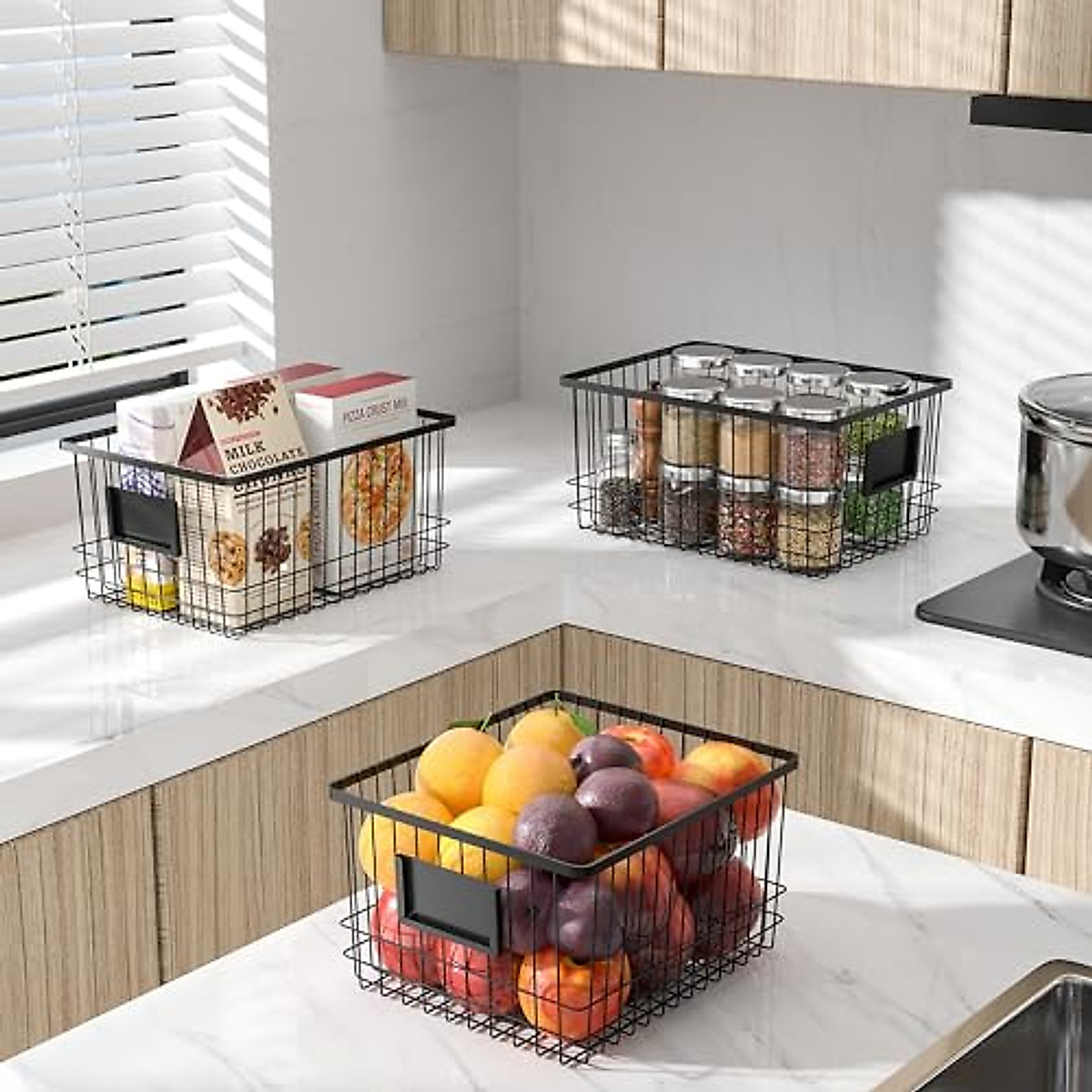 Oceanstar Metal Wire Organizer Bin Basket with Card Holder, Set of 3, Black, WBH1903