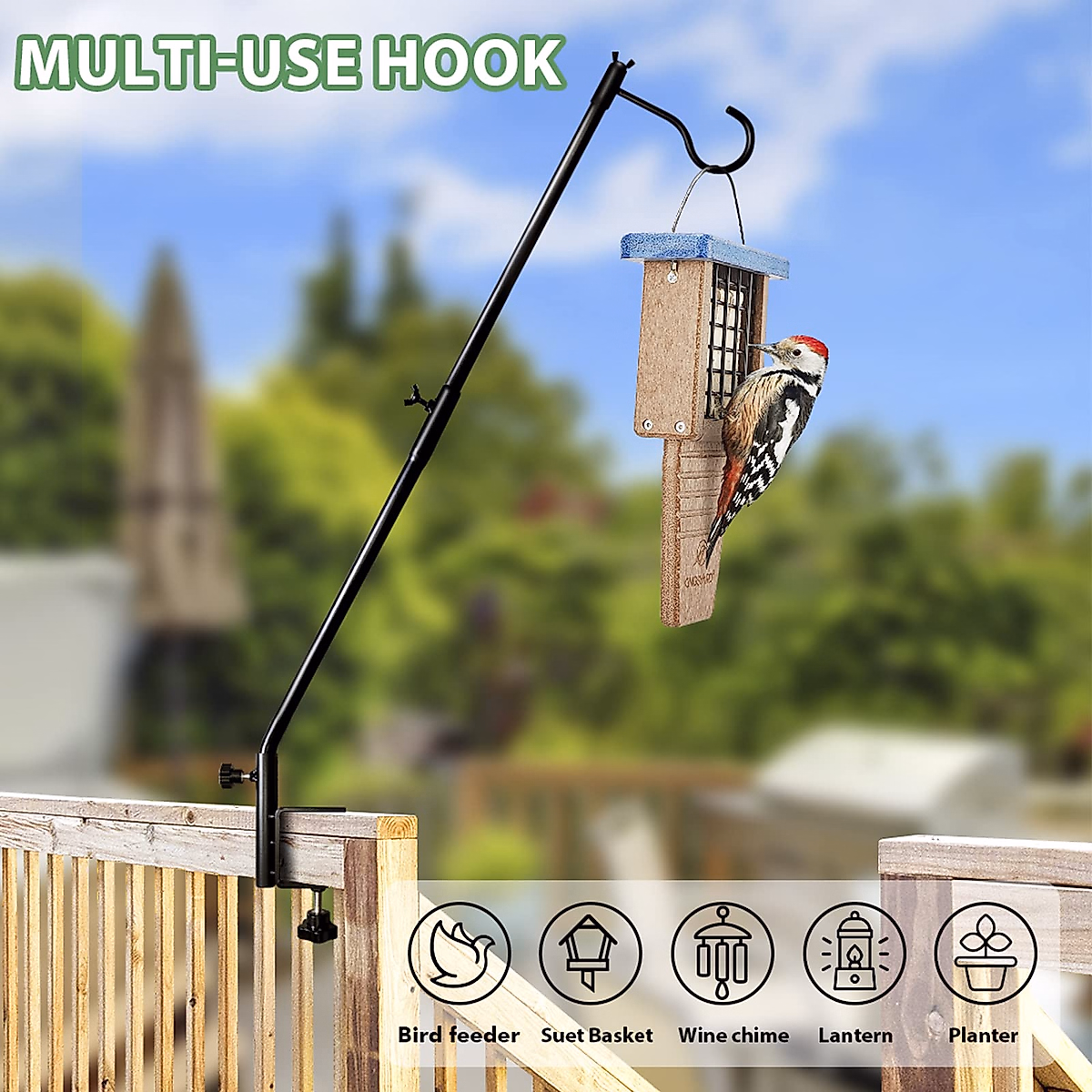 Funtife Deck Bird Feeder Hanger for Railing, 30Inch Heavy Duty Fence Deck Hook Pole, 360 Degree Horizontal Rotary Clamp-On for Hanging Outdoor Plant, Wind Chimes, Lanterns and More, 1Pack
