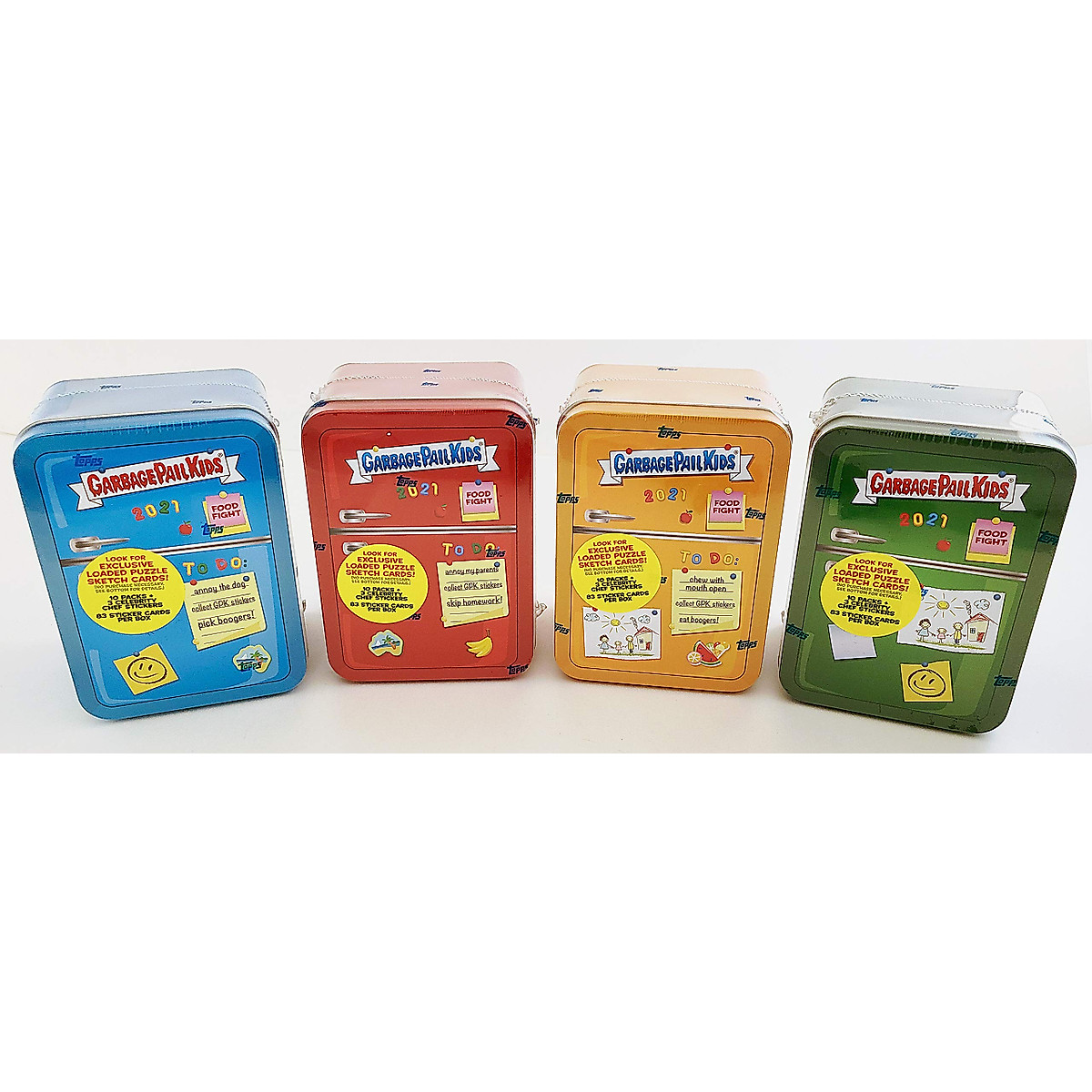 Garbage Pail Kids Topps Food Fight Blue, Green, Red & Orange Set of 4 Trading Card Collector Tins