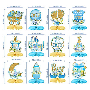 12Pcs Baby Shower Honeycomb Centerpieces Party Decor for Boys,Blue Gold Floral It's a Boys Gender Reveal 3D Table Centerpieces Decoration for Kids Baby Shower Party Photo Props Supplies