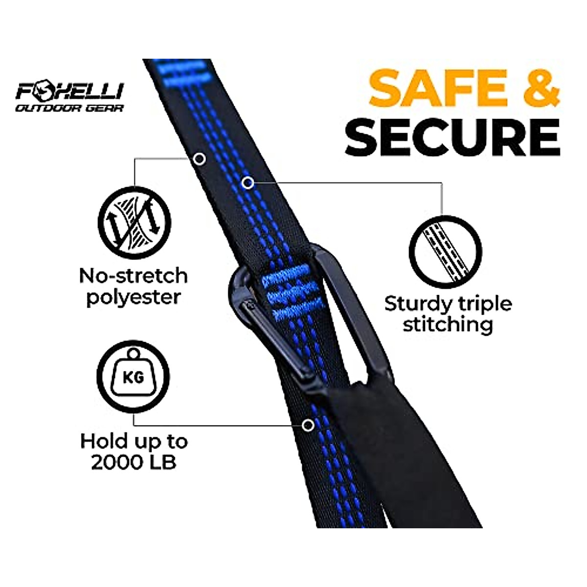 Foxelli Hammock Straps XL – Camping Hammock Tree Straps Set (2 Straps & Carrying Bag), 20 ft Long Combined, 40+2 Loops, 2000 LBS No-Stretch Heavy Duty Straps for Hammock Suspension System Kit