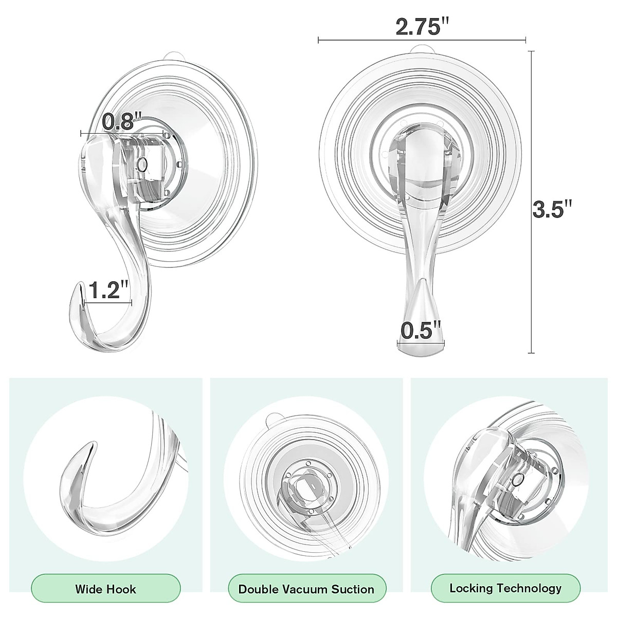 VIS'V Suction Cup Hooks, Large Clear Heavy Duty Vacuum Suction Hooks with Wipes Removable Strong Window Glass Door Kitchen Bathroom Shower Wall Suction Hanger for Towel Loofah Utensils Wreath - 5 Pcs