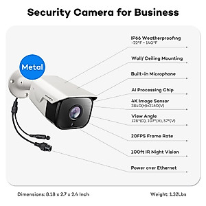 ONWOTE 4K 8MP PoE IP Security Camera, AI Human Vehicle Detection, 3840x2160P, 128° Field of View, Video Audio, Indoor Outdoor, Add-on Camera to PoE NVR System