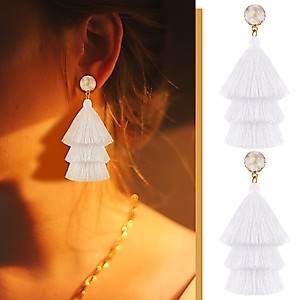 Bonuci 4 Pairs Tassel Earrings Red Earrings for Women Tassel Earring for Women Bohemian Druzy Stud Dangle Birthday Christmas Wedding Daily (White, Red, Rose Red, Black)