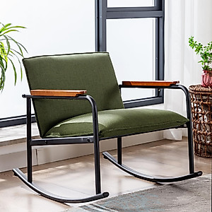 DUOMAY Modern Accent Rocking Chair, Mid Century Upholstered Glider Rocker Armchair with Metal Base Linen Fabric Nursery Glider Chair with Wooden Grips for Living Room Bedroom, Green