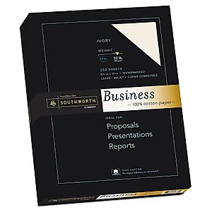 Southworth® 100% Cotton Business Paper, 8 1/2" x 11", 32 Lb, Ivory, Box Of 250