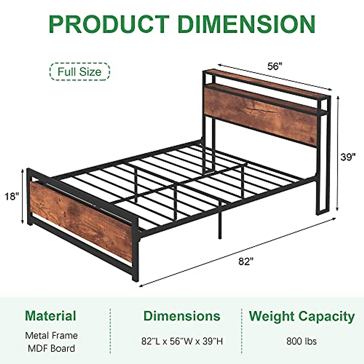 Osfvolr Full Size Bed Frame, Industrial Metal Platform Bed Frame with 2 Tier Storage Wooden Headboard and Footboard, Large Under Bed Storage, No Box Spring Needed, Easy Assembly, Vintage Brown