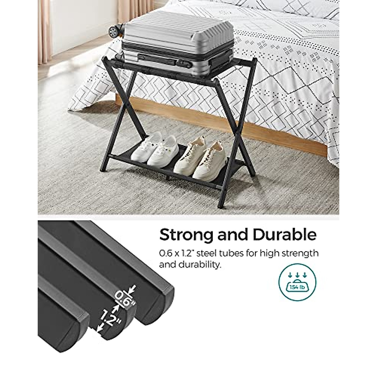 SONGMICS Luggage Rack for Guest Room, Suitcase Stand with Storage Shelf, Steel Frame, Foldable for Easy Storage, Hotel, Bedroom, Black URLR003B01