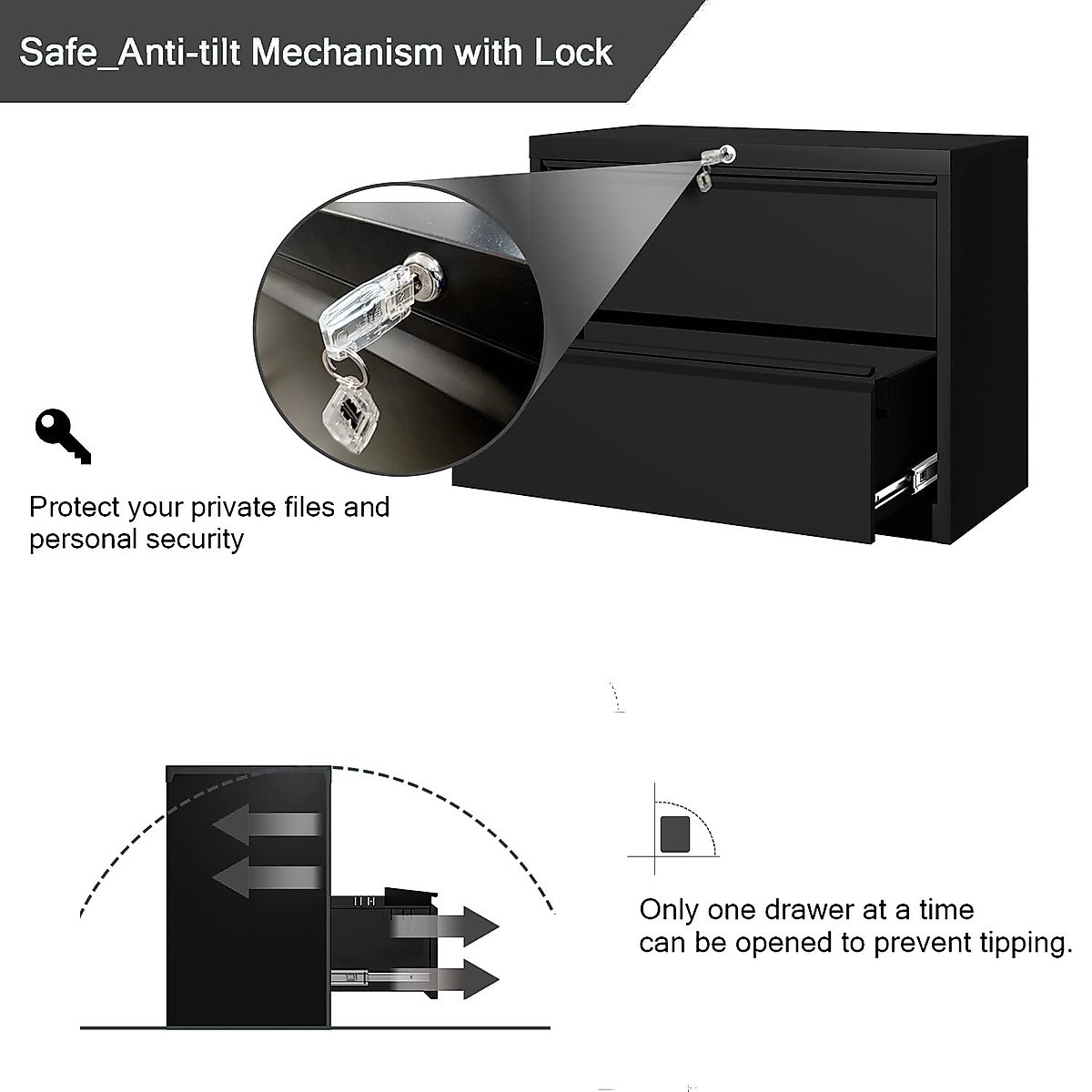 Aobabo 2 Drawer Lateral File Cabinet with Lock,Metal Storage File Cabinet Steel Filing Cabinet with Letter/Legal Size for Home Office,Anti-tilt Structure,Assembly Required (Black,2 Drawer)