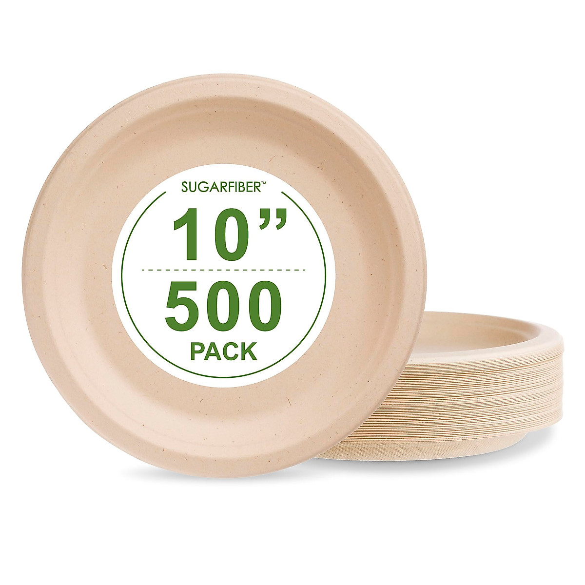 [500 COUNT]Sugarfiber by Harvest Pack 10-inch Round Disposable Compostable Paper Plates, Heavy-Duty Natural Bagasse Biodegradable Plate, Made From Eco-Friendly Sugarcane Plant Fibers
